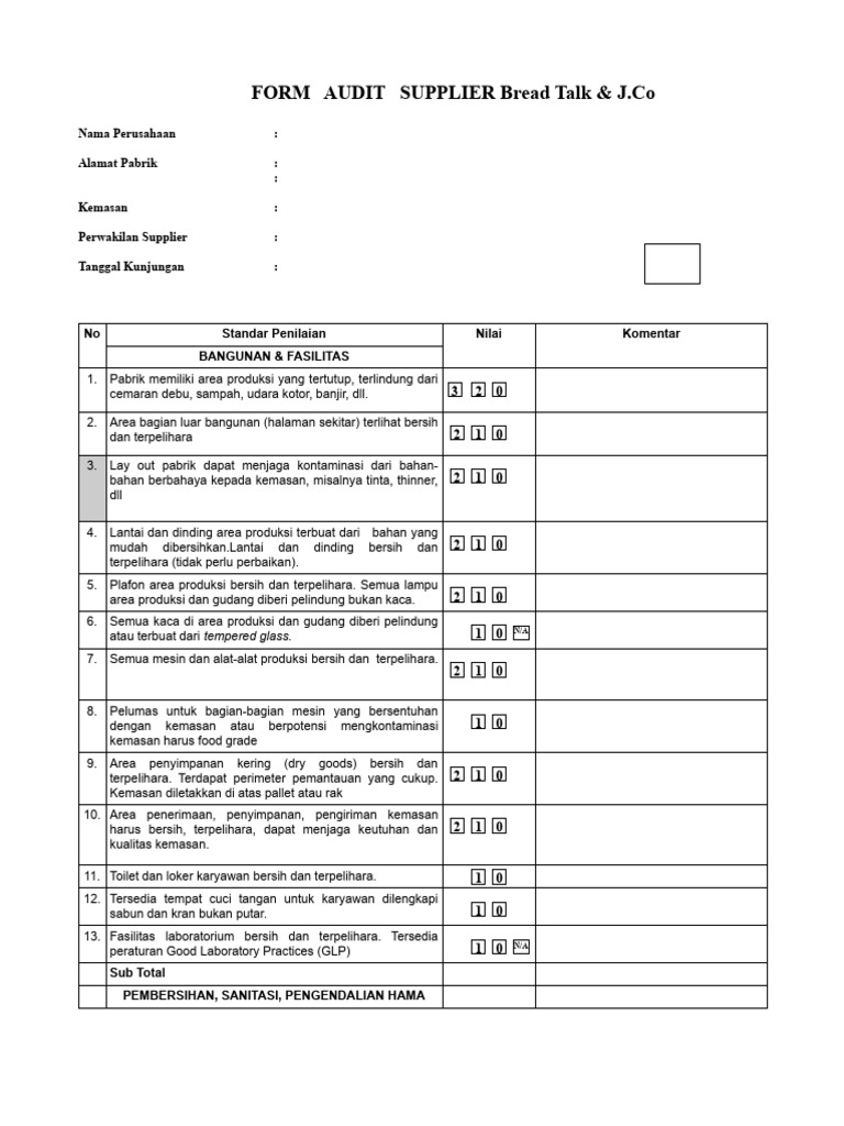 Form Audit Supplier Kemasan REV-1 | PDF