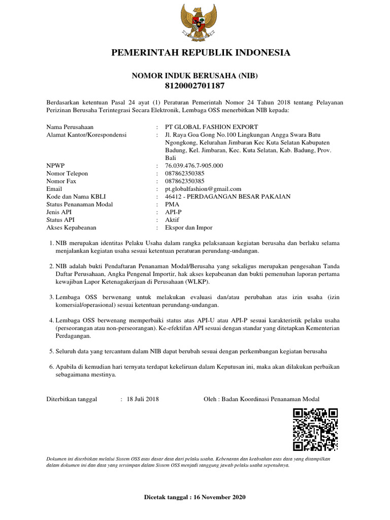 Contoh Nomor Induk Berusaha NIB | PDF