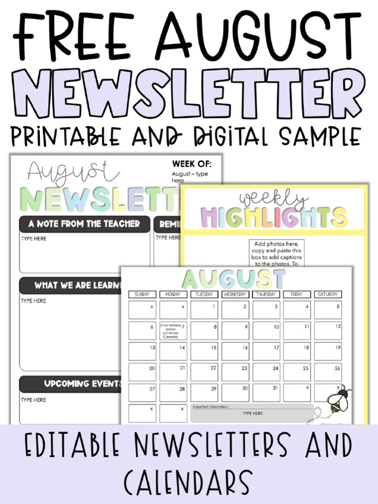 August Calendar Weekly and Monthly Newsletter Calendar | PDF