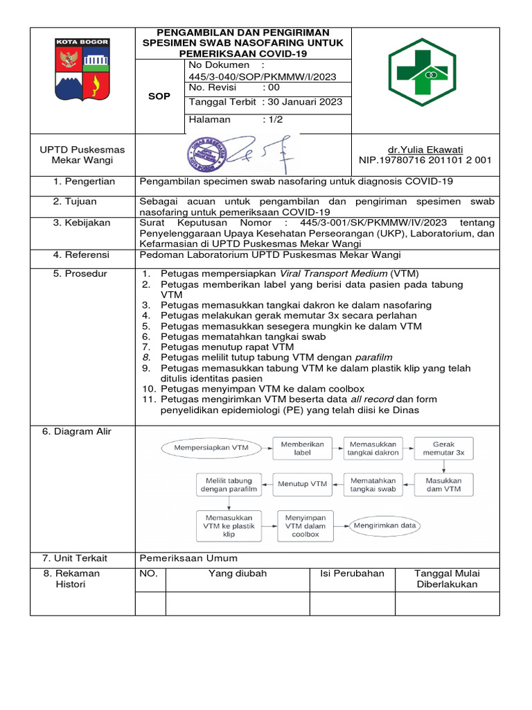 Sop Pengambilan Dan Pengiriman Spesimen Swab Nasofaring Untuk ...
