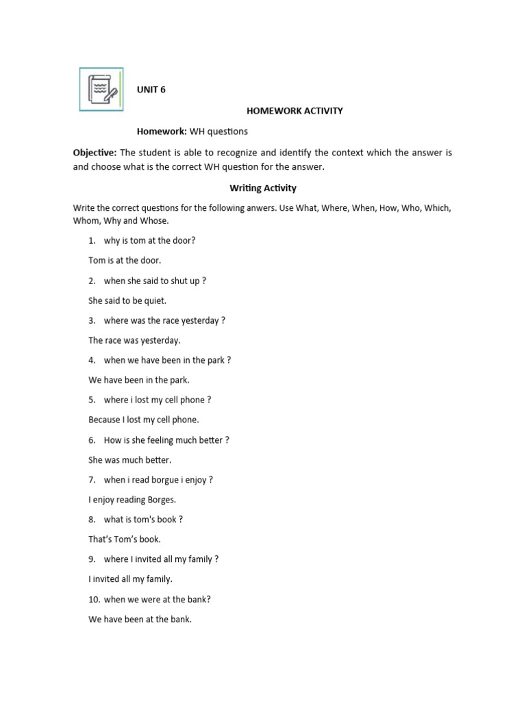 WH Questions Homework Activity | PDF