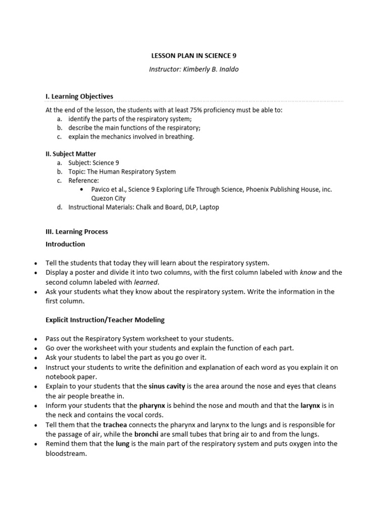 Sample Lesson Plan - 3 | Download Free PDF | Respiratory System | Lung