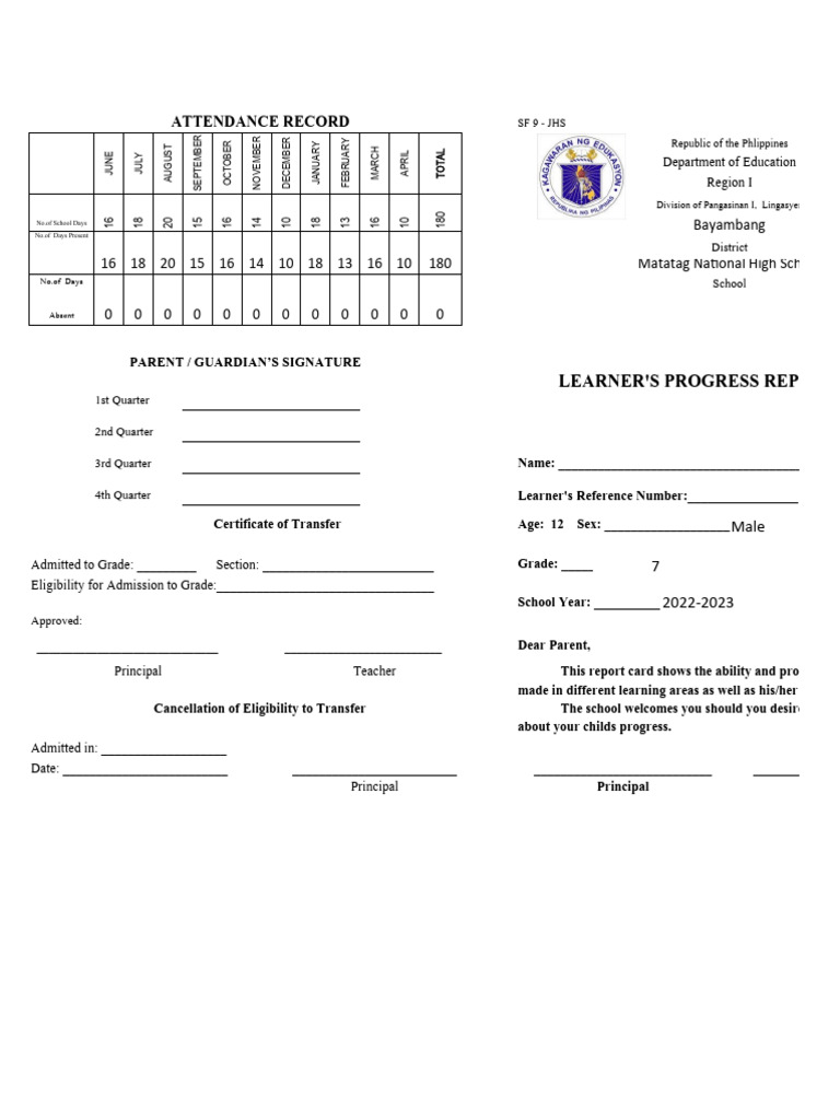 SF 9 - JHS (Learner's Progress Report Card B) | PDF SF 9 - JHS (Learner's Progress Report Card B) | PDF