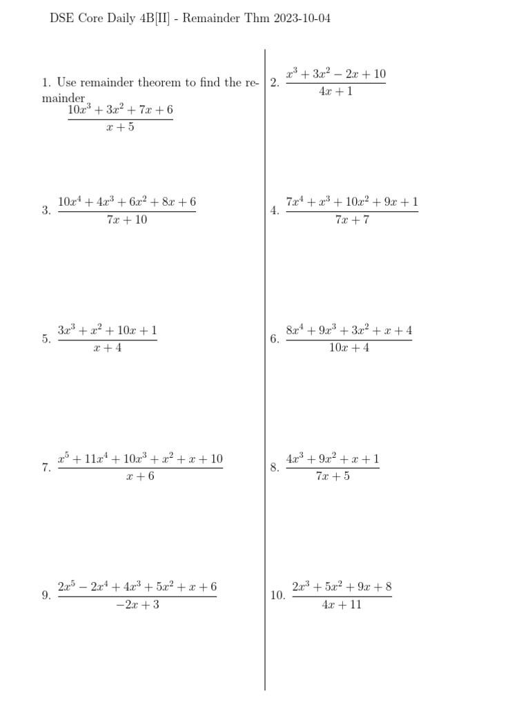Polynomial Remainder Theorem Worksheet | PDF