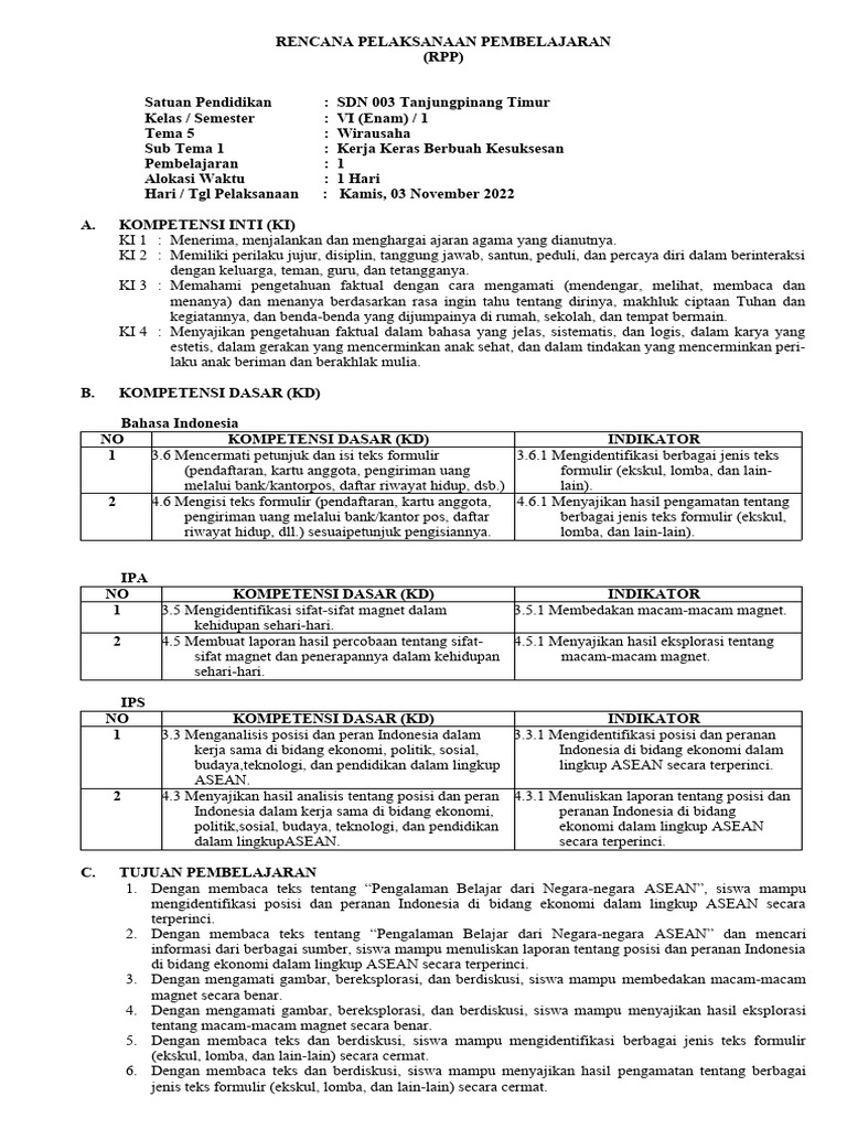 RPP Tema 5 Kelas 6 | PDF | Perjalanan