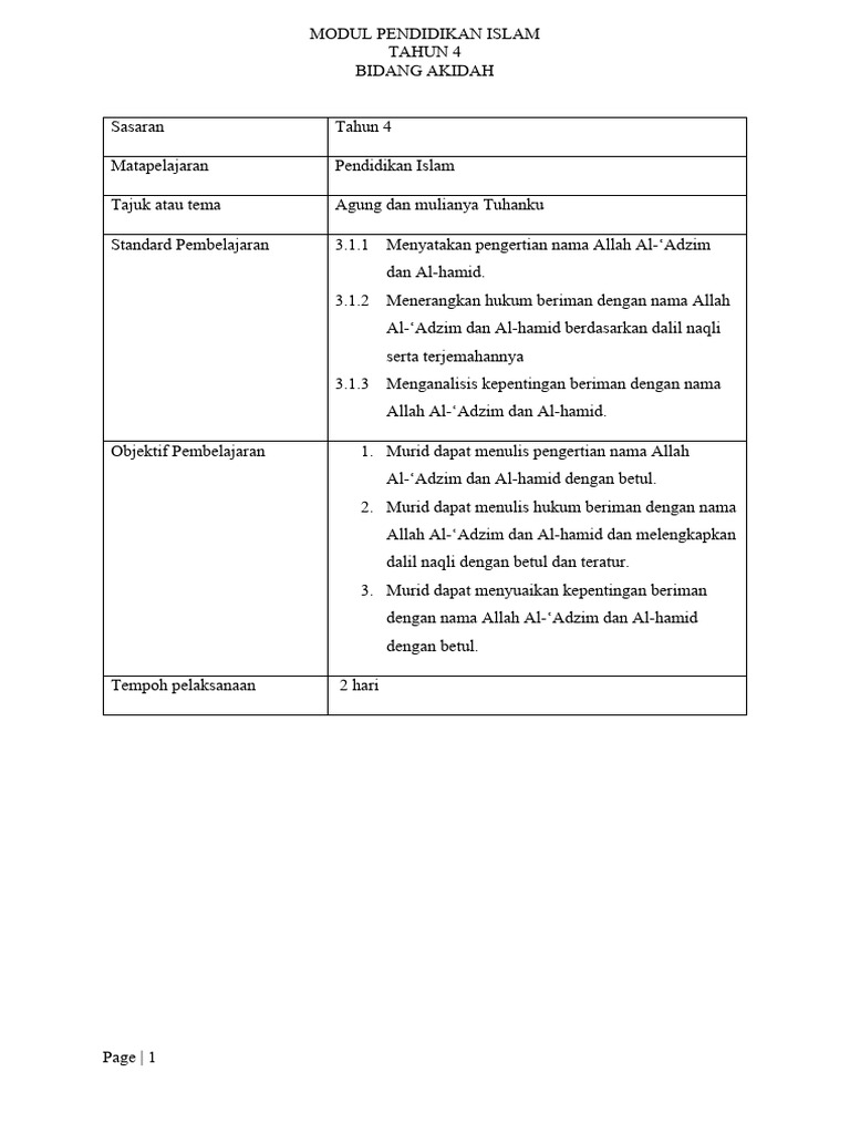 Modul Pendidikan Islam Tahun 4 Akidah | PDF