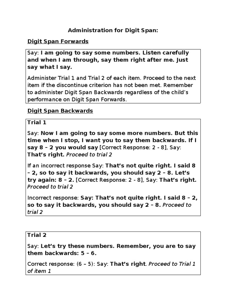 Administration For Digit Span (WISC-IV) | PDF