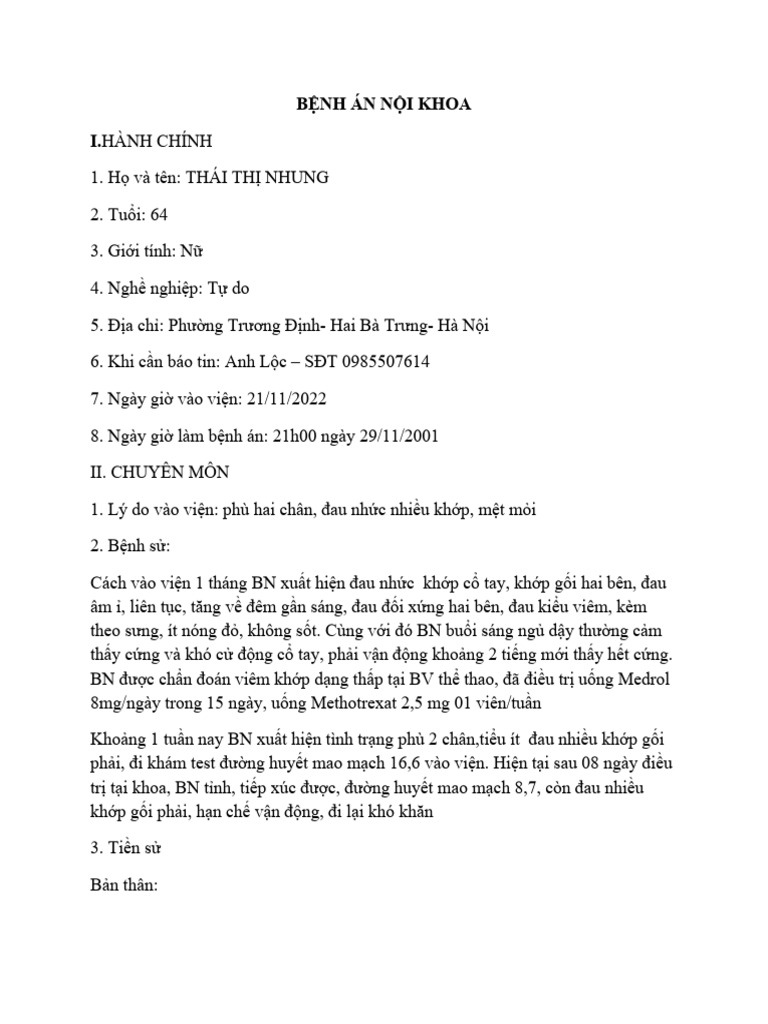 BỆNH ÁN NỘI KHOA VKDT | PDF