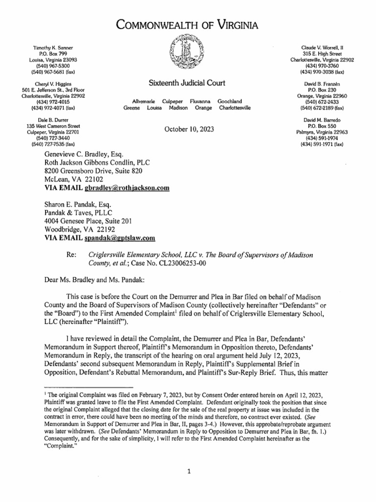 Judge David B. Franzen's Opinion Memorandum on Criglersville Elementary ...