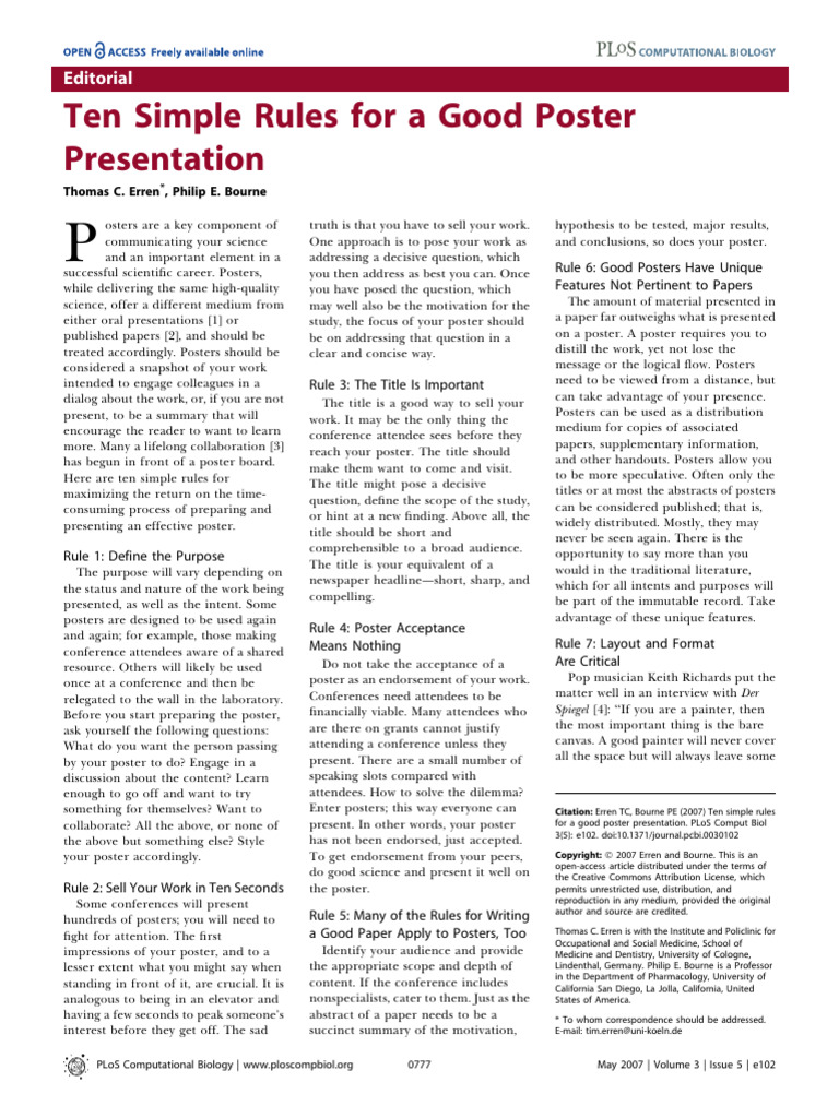 Erren & Bourne 2007 Ten Simple Rules For A Good Poster | PDF | Open Access | Science
