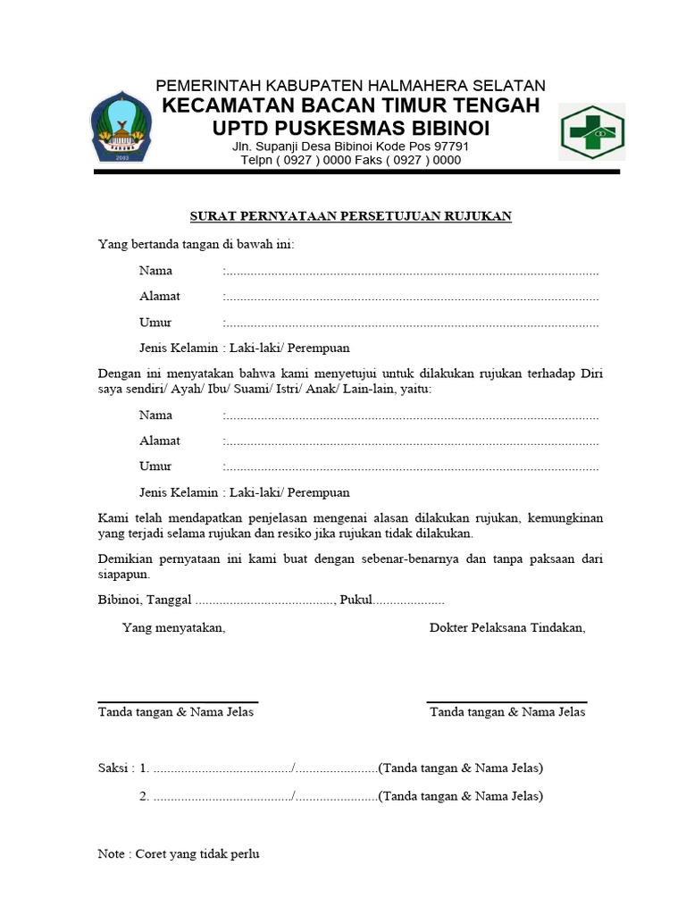 Contoh Form Persetujuan Rujukan Puskesmas 1 | PDF