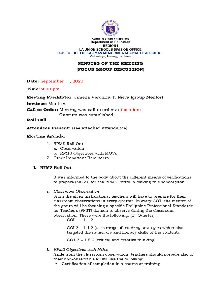 Minutes of The Meeting (FGD) | PDF