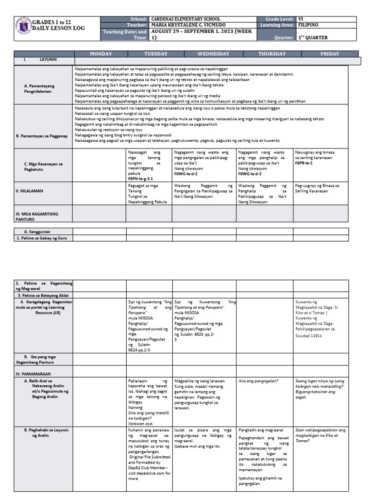 DLL - Filipino 6 - Q1 - W1 | PDF