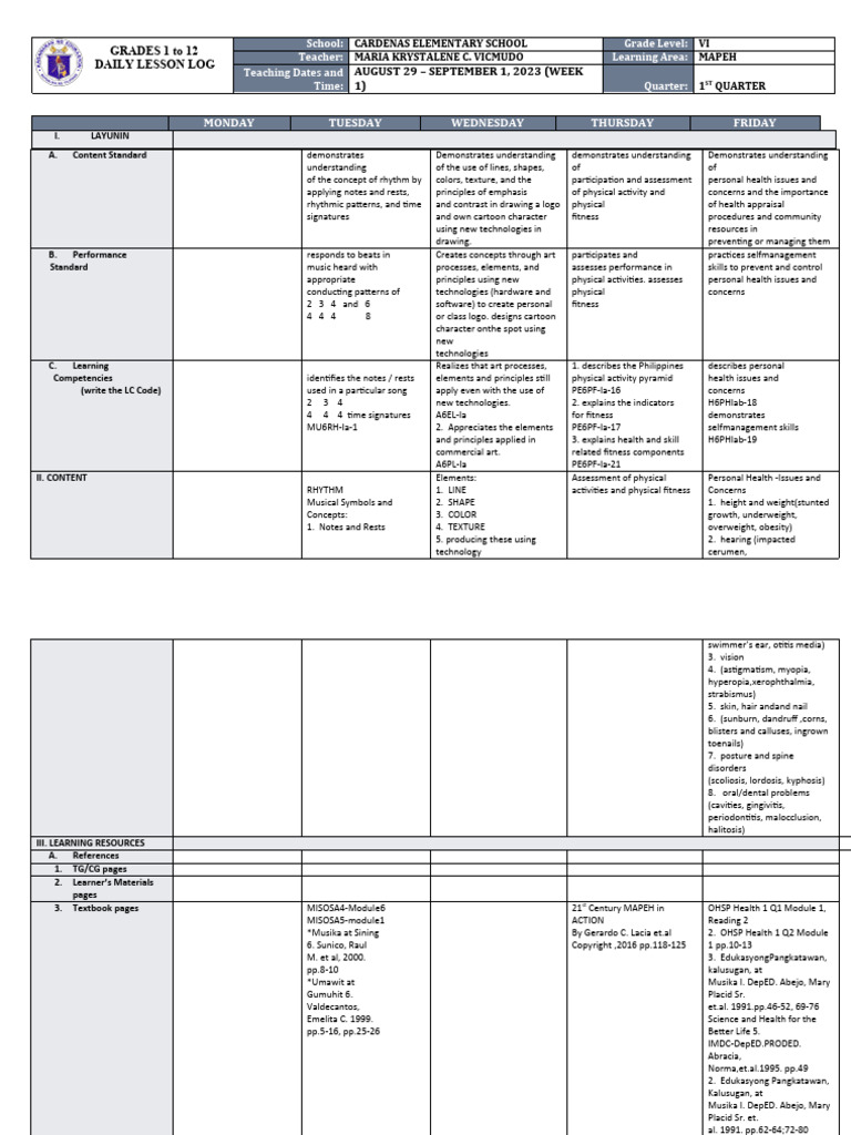 DLL - Mapeh 6 - Q1 - W1 | PDF
