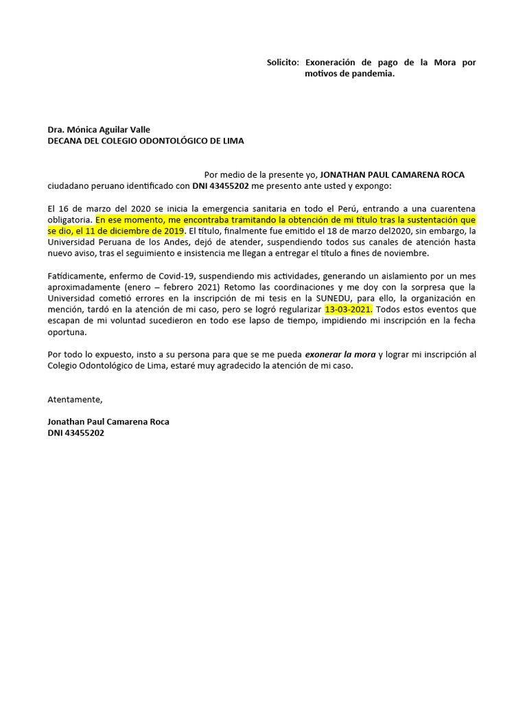 Solicitud Exoneración de Mora | PDF