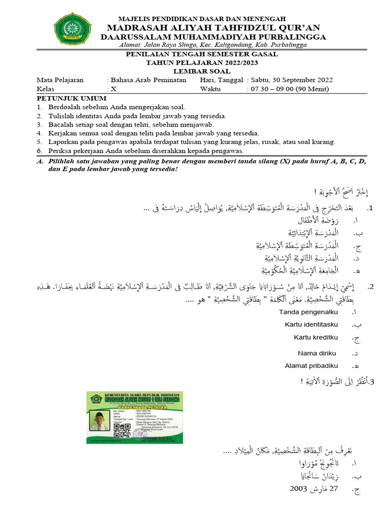 PTS Soal Bahasa Arab Kelas X Ok | PDF