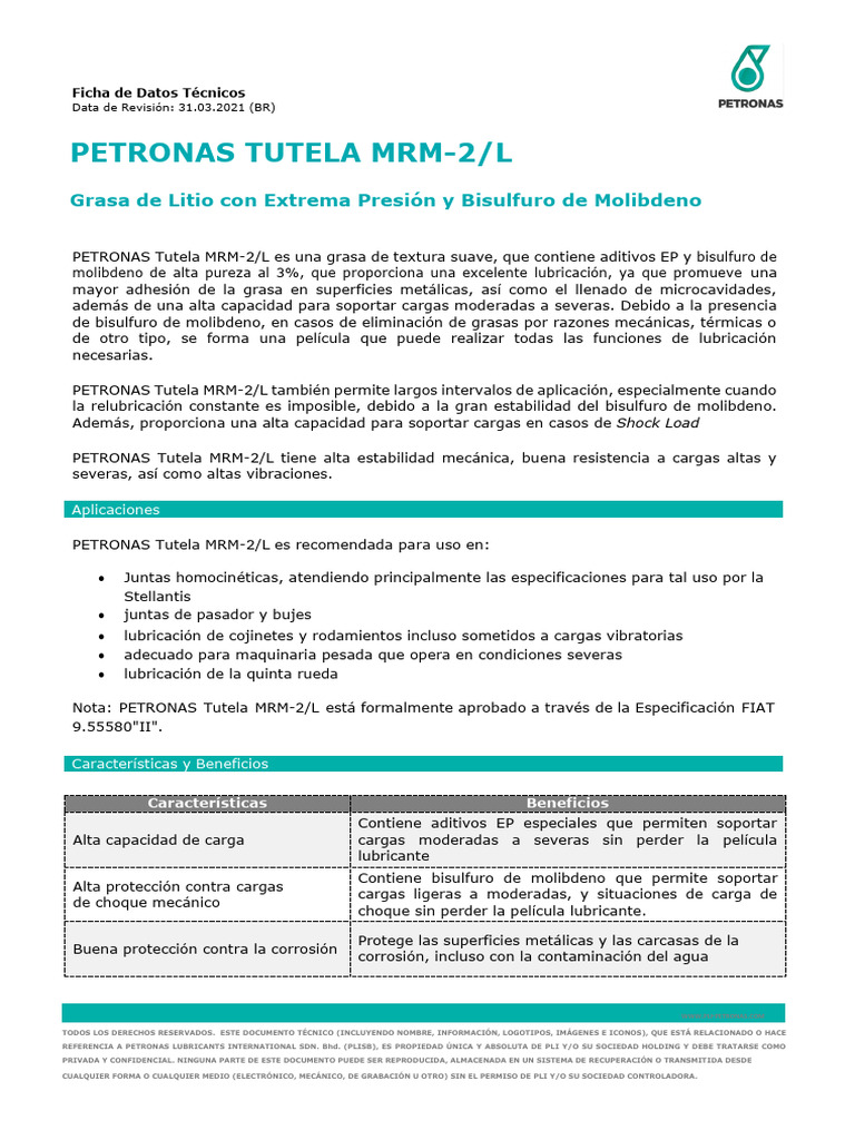 Grasa PETRONAS MRM-2/L: Alta Carga | PDF