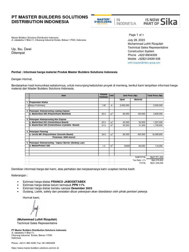 Surat Informasi Harga Master Builders Solutions. | PDF