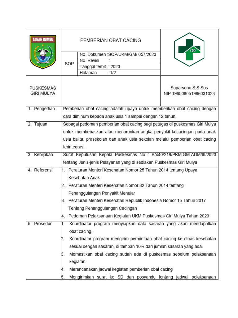 Sop Pemberian Obat Cacing | PDF | Pengembangan Diri | Kesehatan Holistik