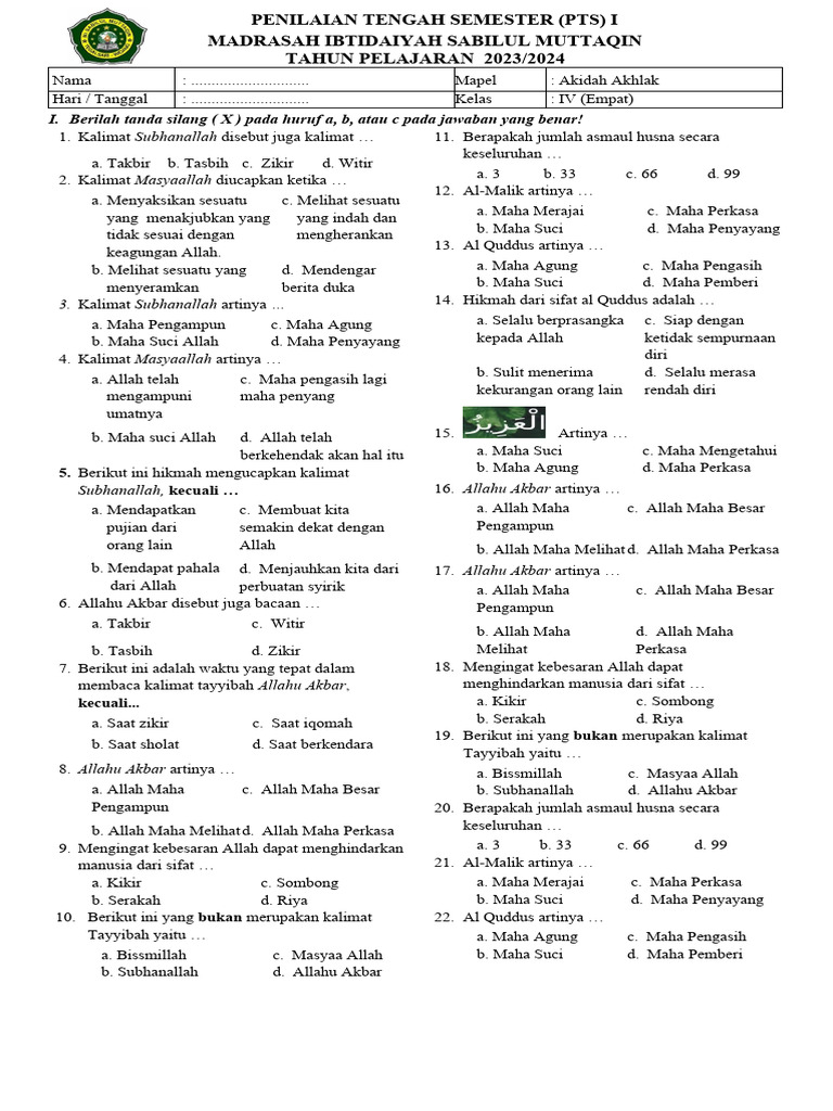 Soal PTS Akidah Akhlak Kelas 4 | PDF