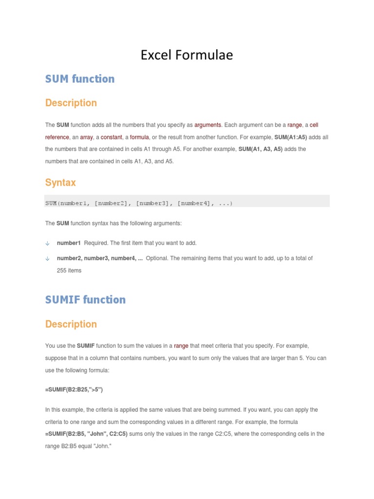 Excel Formulae: SUM Function | PDF | Function (Mathematics) | Argument