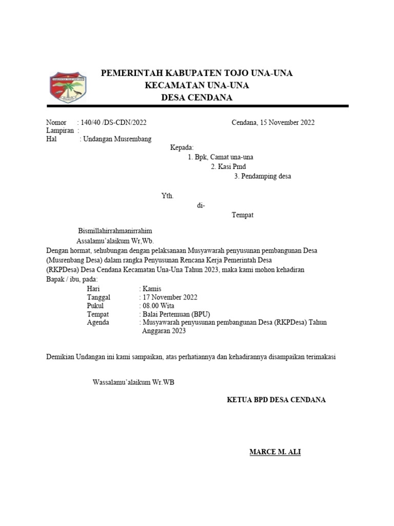 Undangan Musrenbang Desa Cendana 2023 | PDF