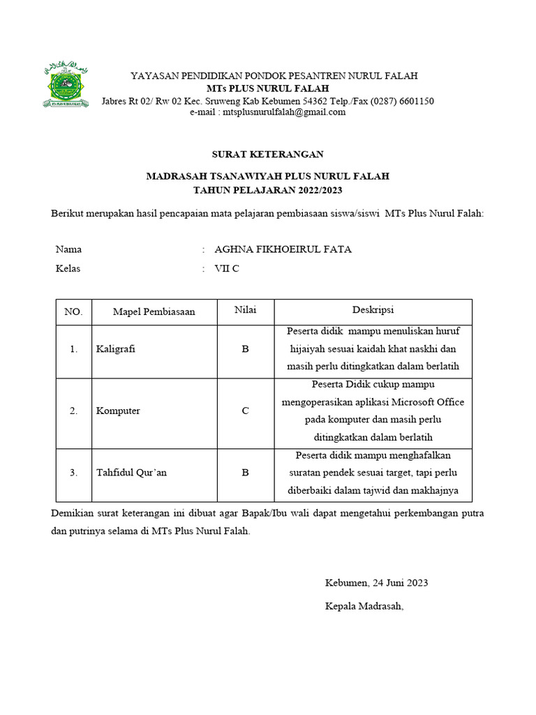Surat - Keterangan - Pembiasaan 7c | PDF