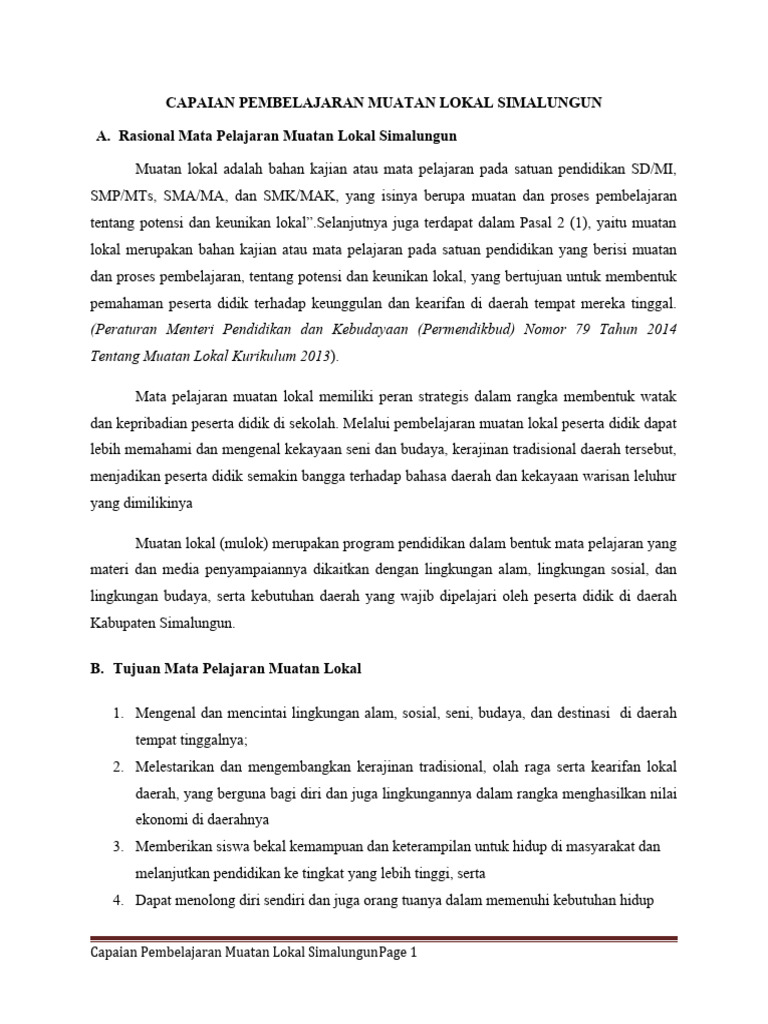 Capaian Pembelajaran Muatan Lokal Simalungun | PDF