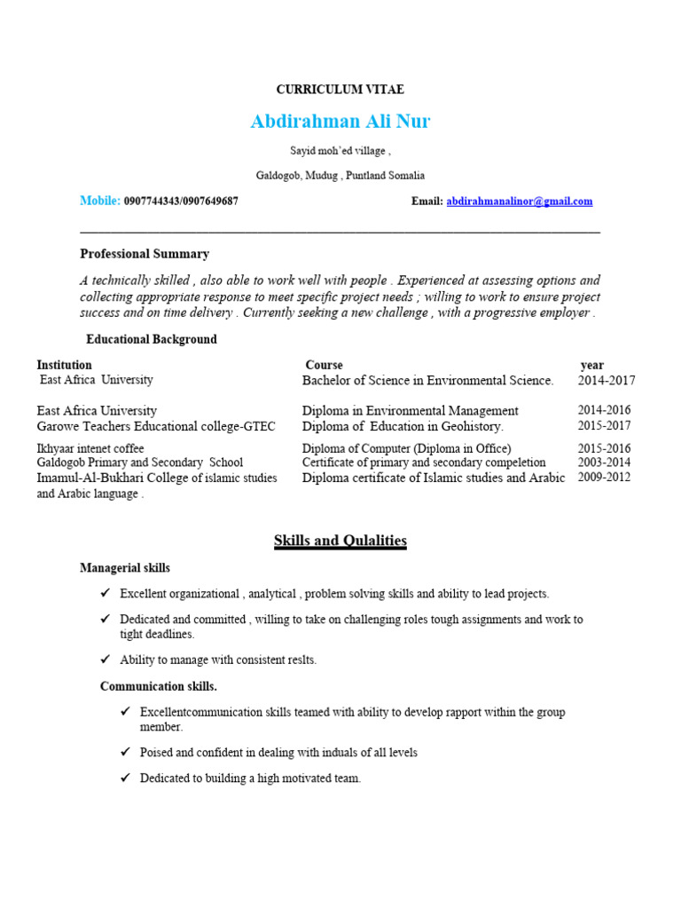 CV-ABDIRAHMAN ALI NUR-Dhallinkaab | PDF