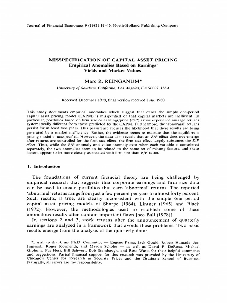 Misspecification of Capital Asset Pricing - Empirical Anomalies Based ...