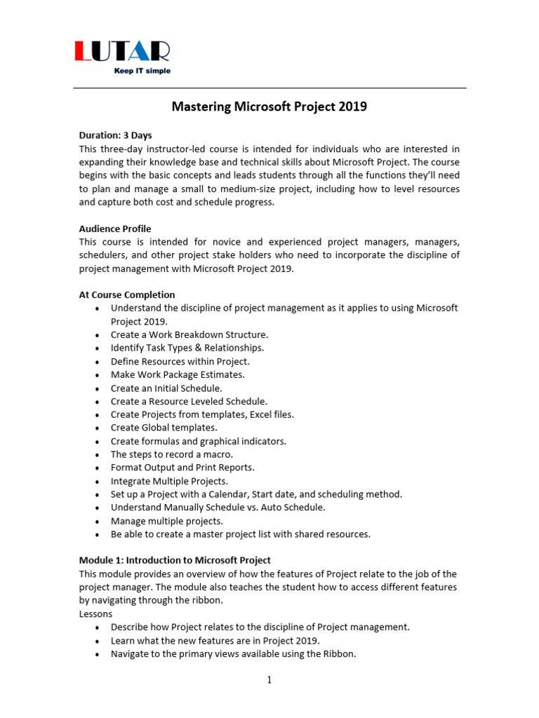 Microsoft Project 2019 Course Guide | PDF | Business | Art
