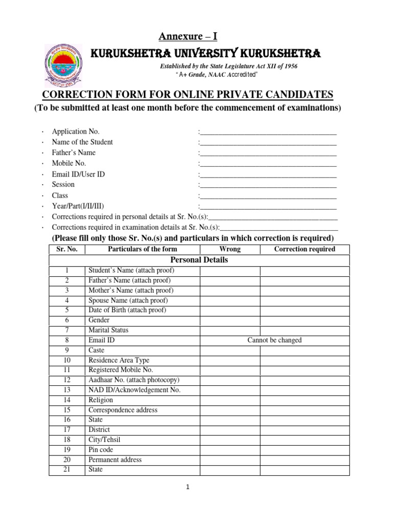 Correction Form for Private Candidates | PDF
