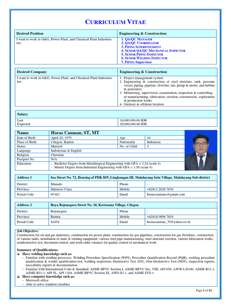 Contoh CV by Horas C. | PDF | Pipe (Fluid Conveyance) | Welding