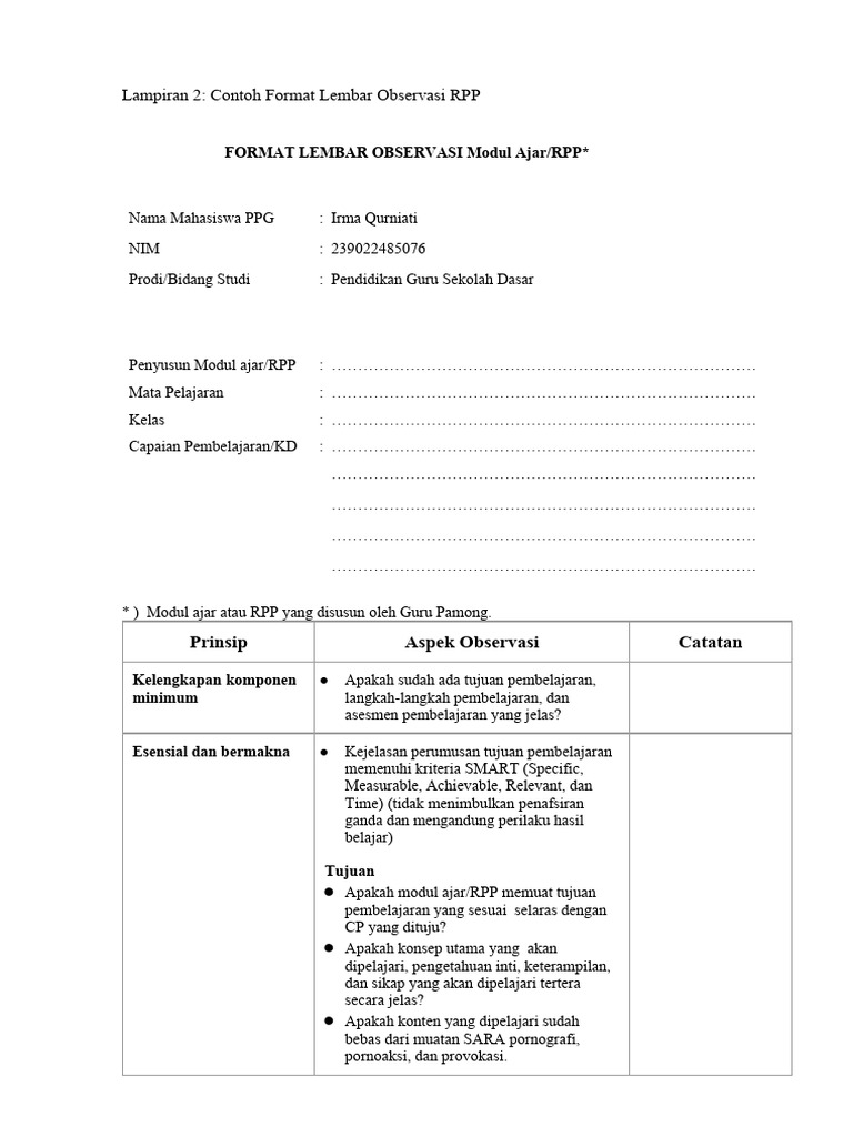 Lampiran 2 - Contoh Format Lembar Observasi RPP | PDF Lampiran 2 - Contoh Format Lembar Observasi RPP | PDF
