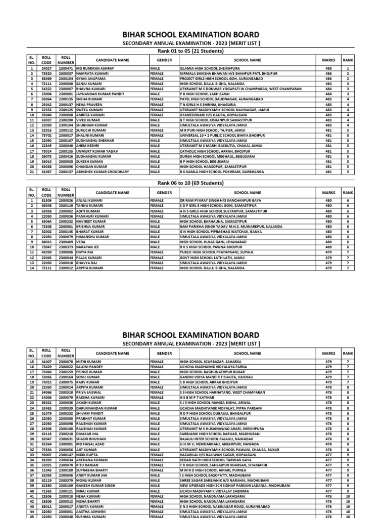 Bseb Class 10 Toppers List 2023 | PDF