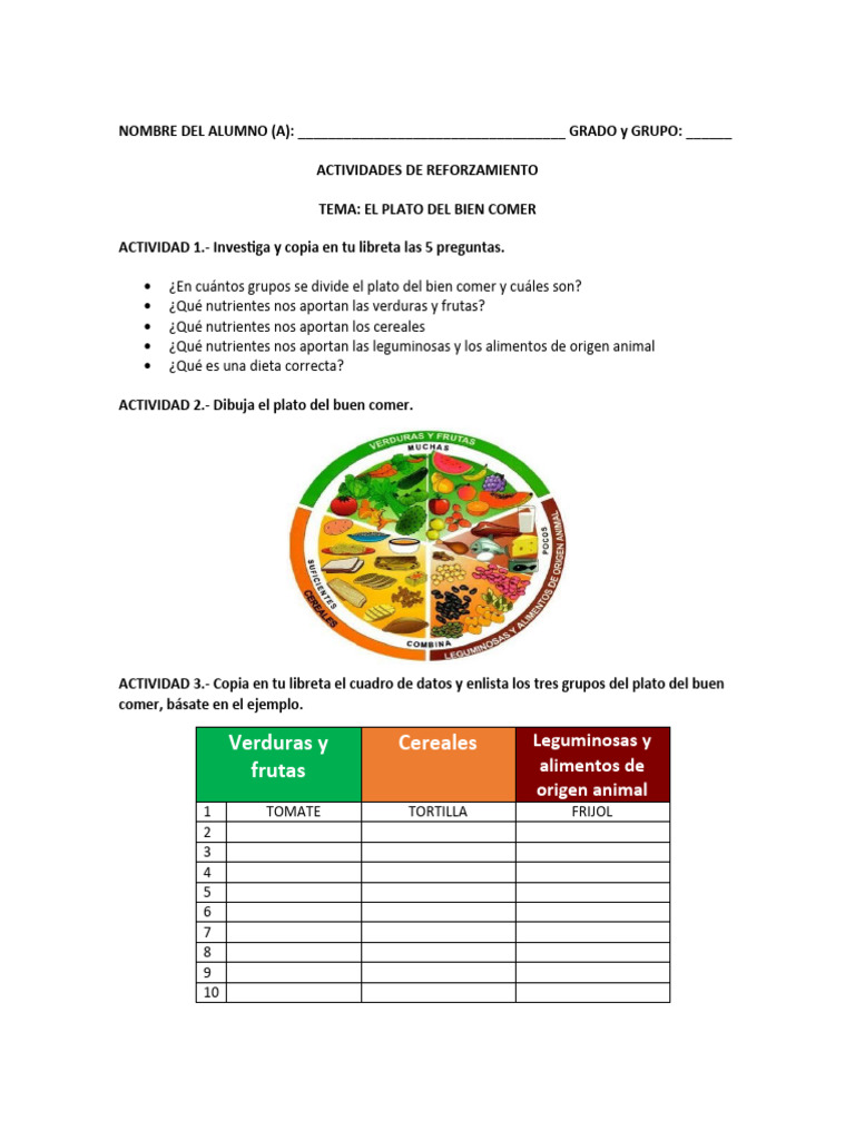 Actividad El Plato Del Buen Comer | PDF