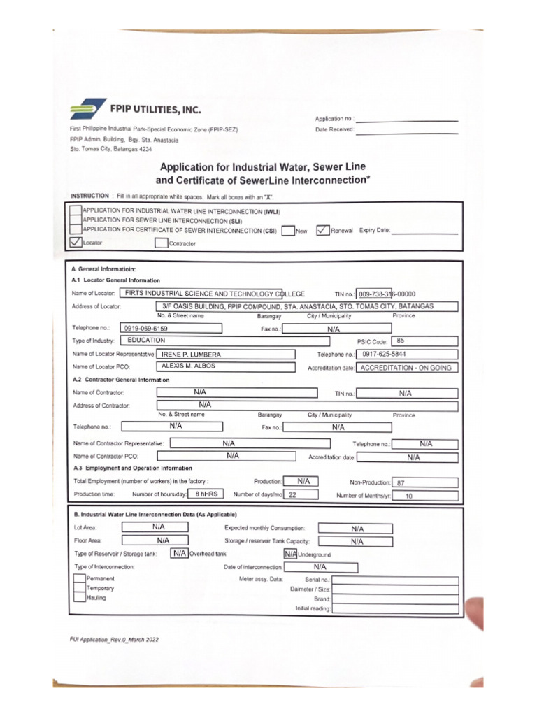 Application for Industrial Water, Sewer Line | PDF