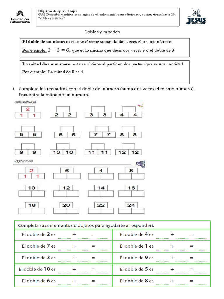 Ejercicios de Dobles y Mitades para Niños | PDF