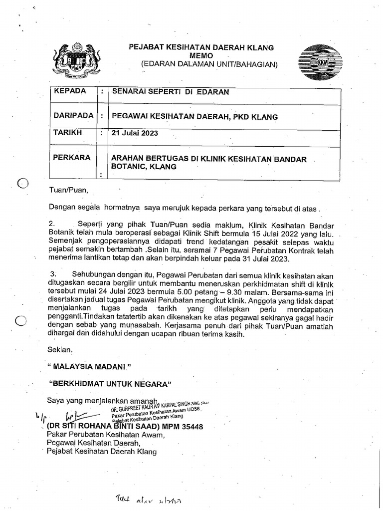 Arahan Bertugas Di KK Bandar Botanik (Lokasi) | PDF