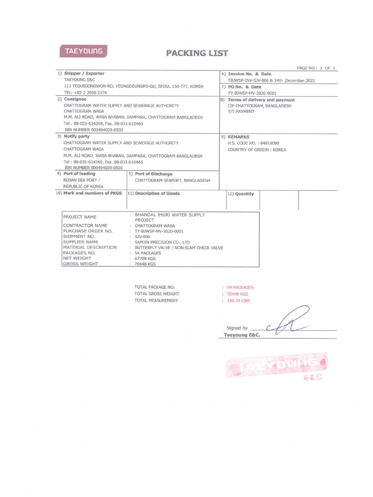 Packing List - Butterfly Valve & Check Valve (Mechanical) | PDF