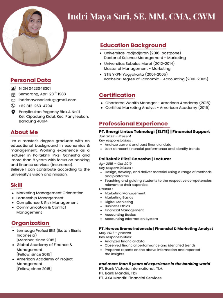 2023.05.15 - CV - Indri Maya Sari, SE, MM, CMA, CWM | PDF | Business | Economies