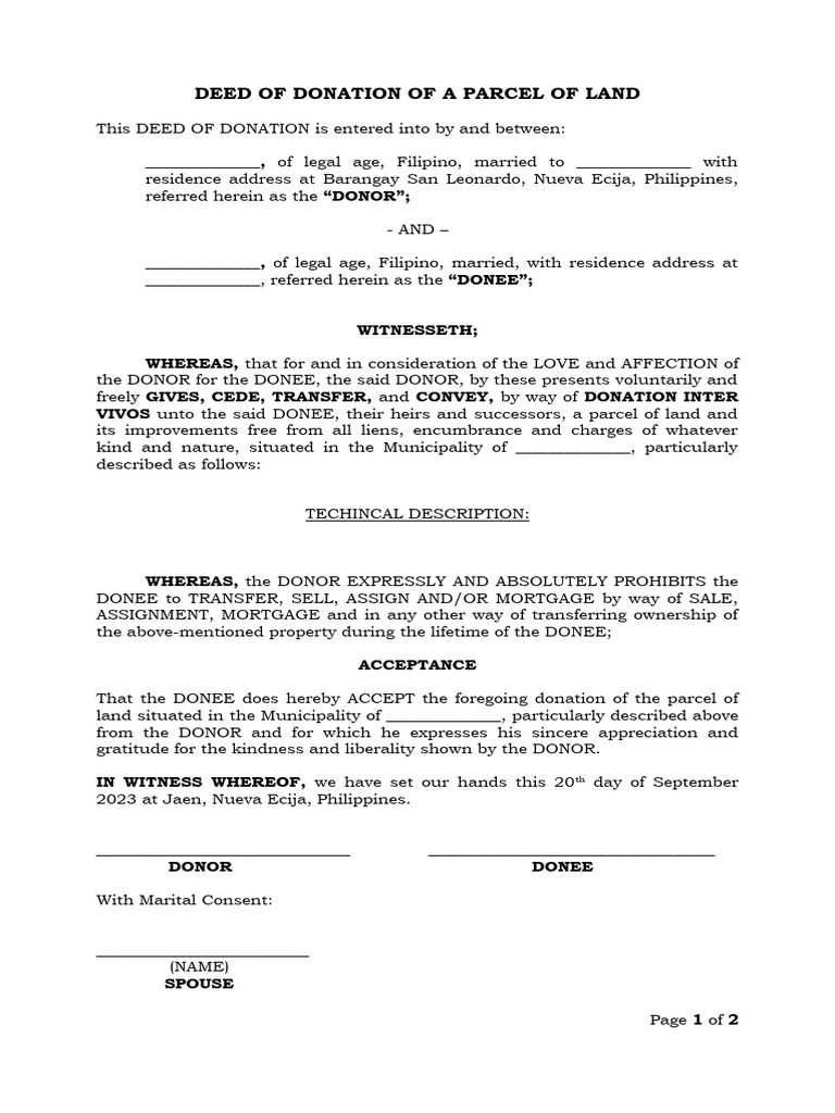 Deed of Donation of A Parcel of Land With Condition Not To Sell | PDF