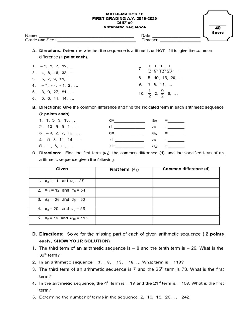 Quiz 2 Arithmetic Sequence Pdf 3358
