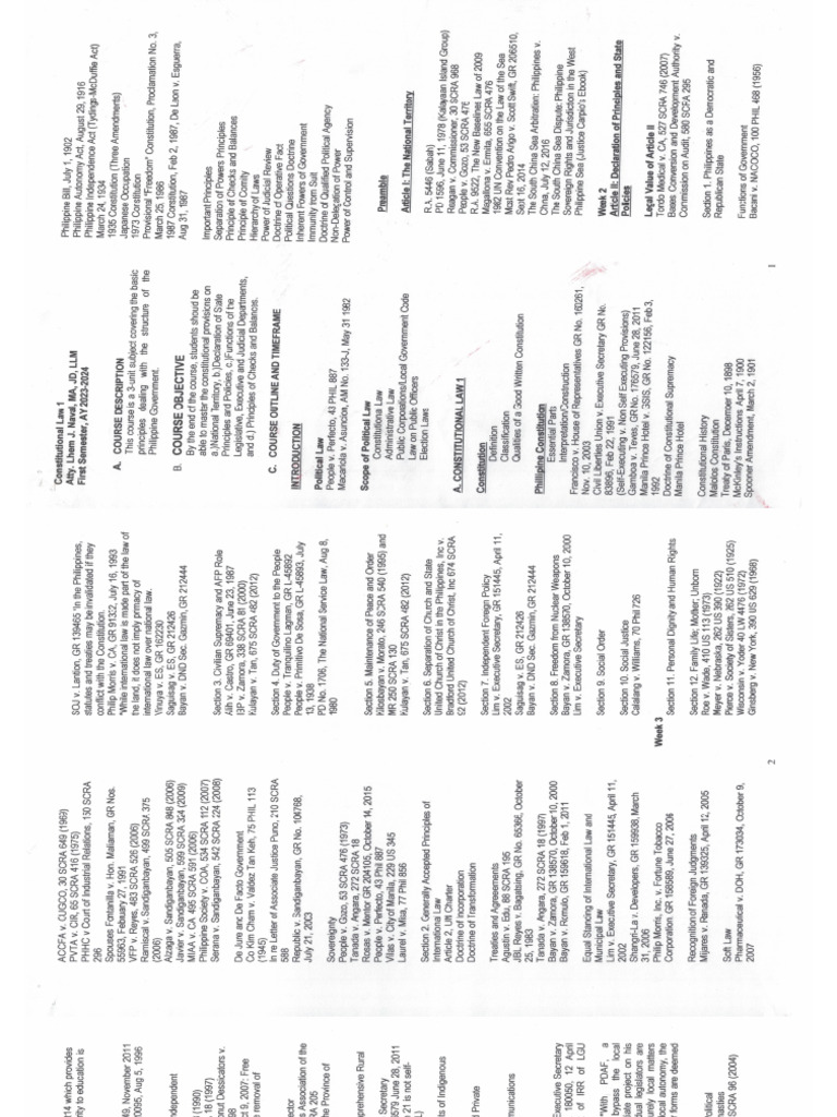 Consti. Law 1 Syllabus | PDF