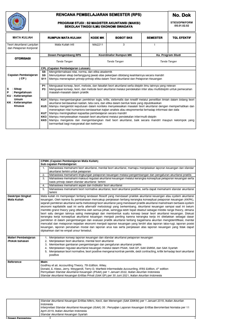 RPS MAKSI TERBARU Teori Akuntansi Dan Pelaporan Keuangan | PDF | Karier ...