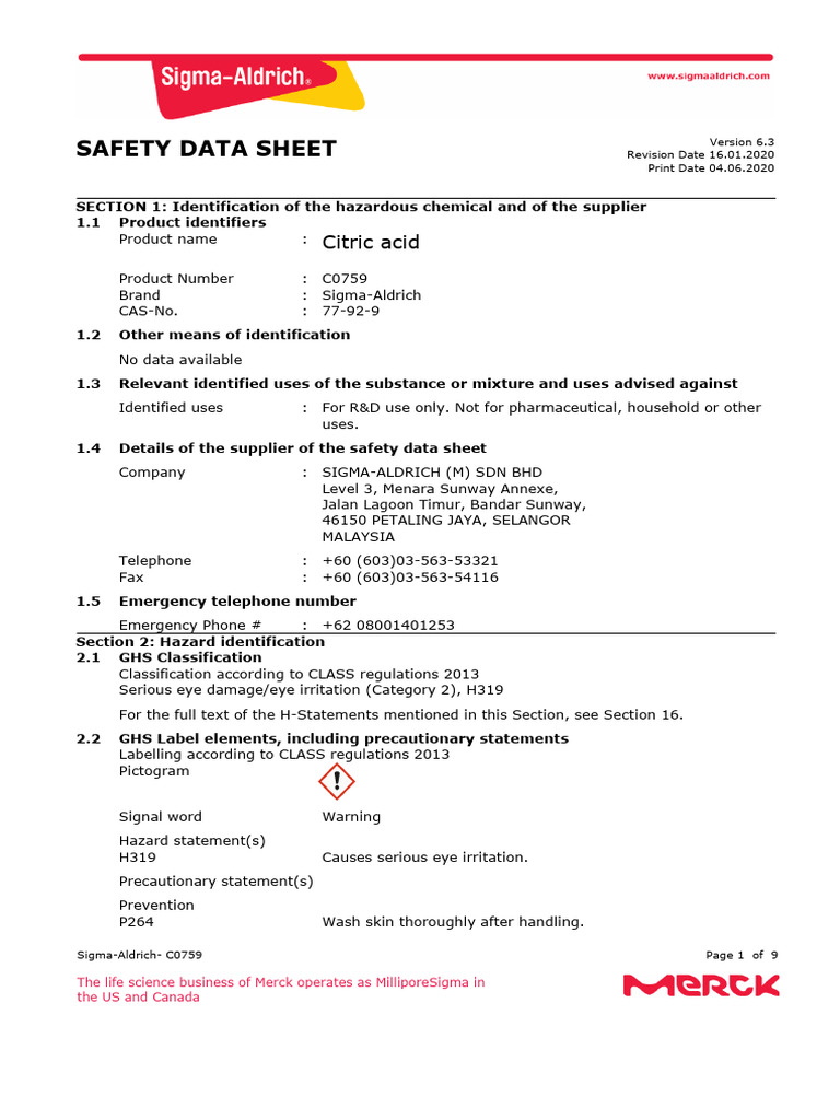 Safety Data Sheet Citric Acid 2 | PDF | Technology & Engineering