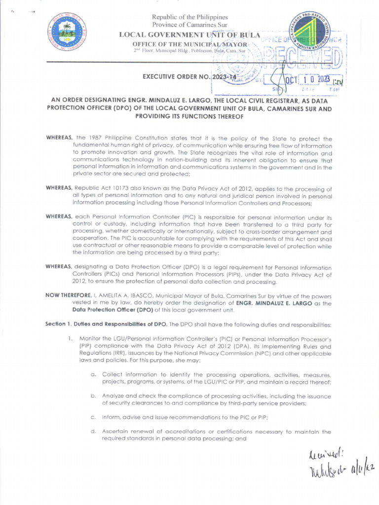 EO 2023-14 Designating Engr. Mindaluz Largo As Data Protection Officer ...