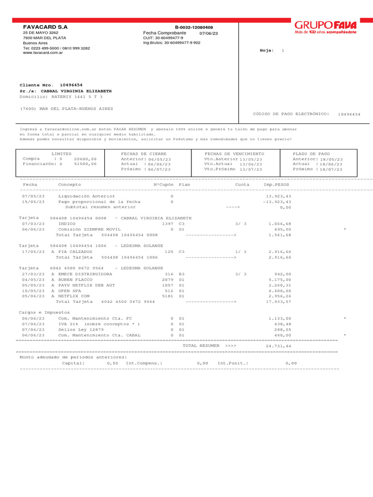 Favacard Resumen VTO 202306 | PDF