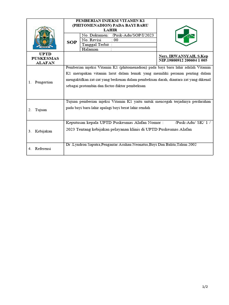 Sop Pemberian Vitamin k1 | PDF