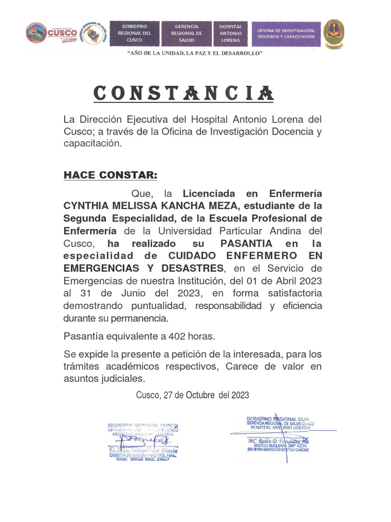 Constancia Hospital Antonio LOrena | PDF